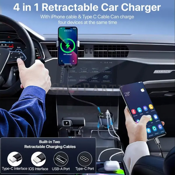 120W 4 in 1 Car Phone Charger LED digital display Retractable 2 Cables ...